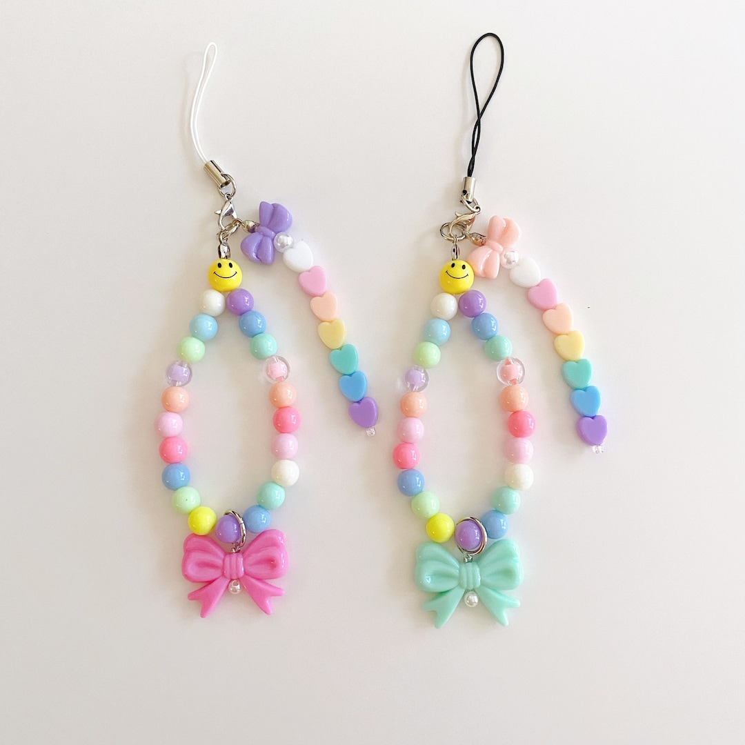 Cute Pastel Beaded Phone Strap, Heart and Ribbon Phone Lanyard With ...