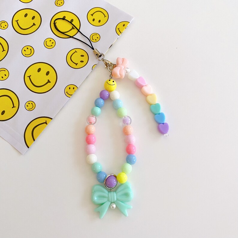 Cute Pastel Beaded Phone Strap, Heart and Ribbon Phone Lanyard With ...