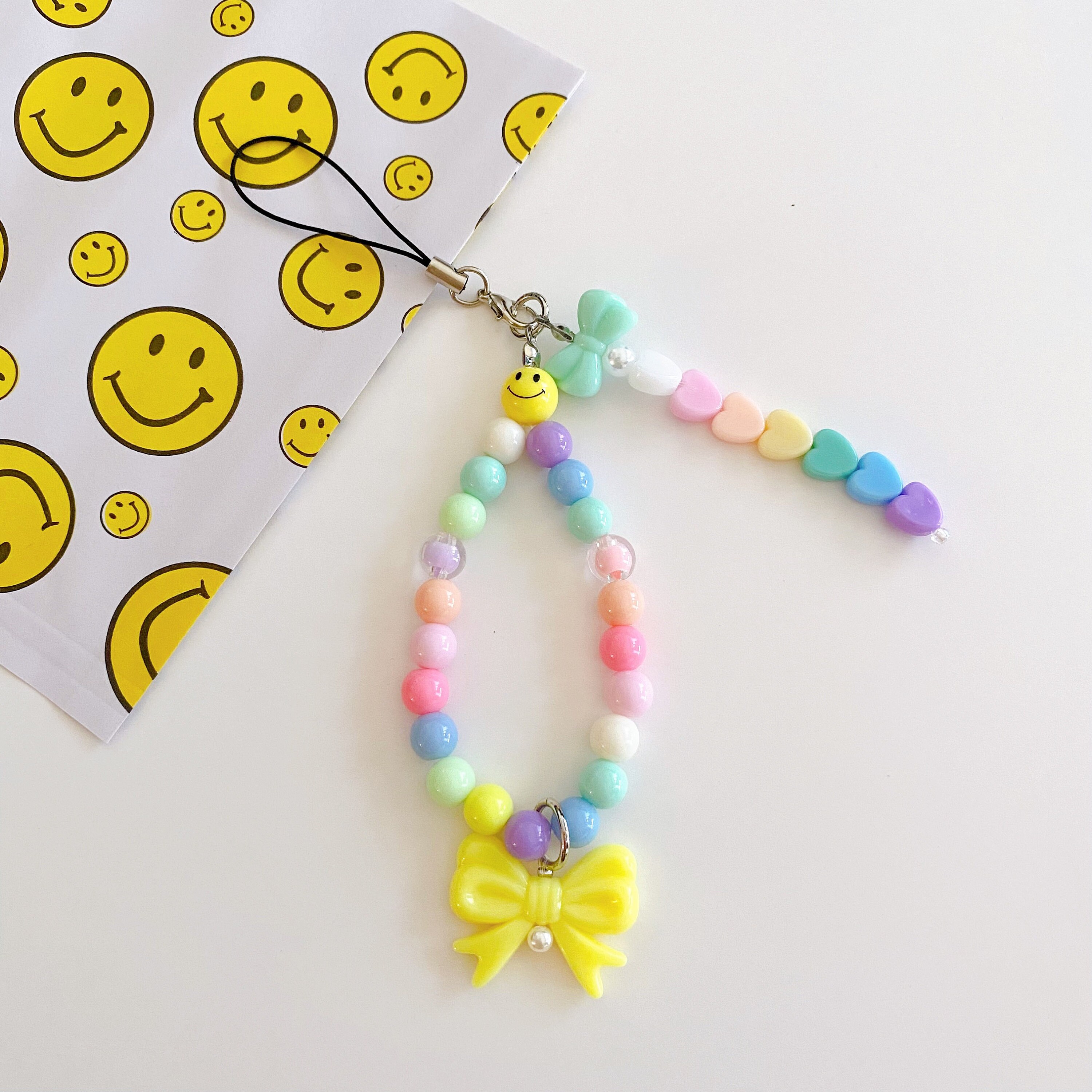 Cute Pastel Beaded Phone Strap, Heart and Ribbon Phone Lanyard With ...