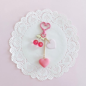 Pink Cherry Keyring With Heart Clasp, Cute Heart Keychain, Keychain ...