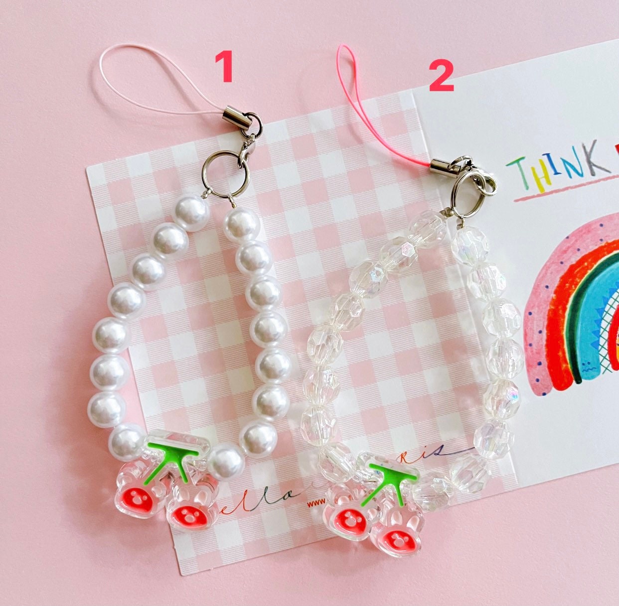 Pink Cherry Phone Charm Strap, Cute Beaded Phone Strap Holder, Phone ...
