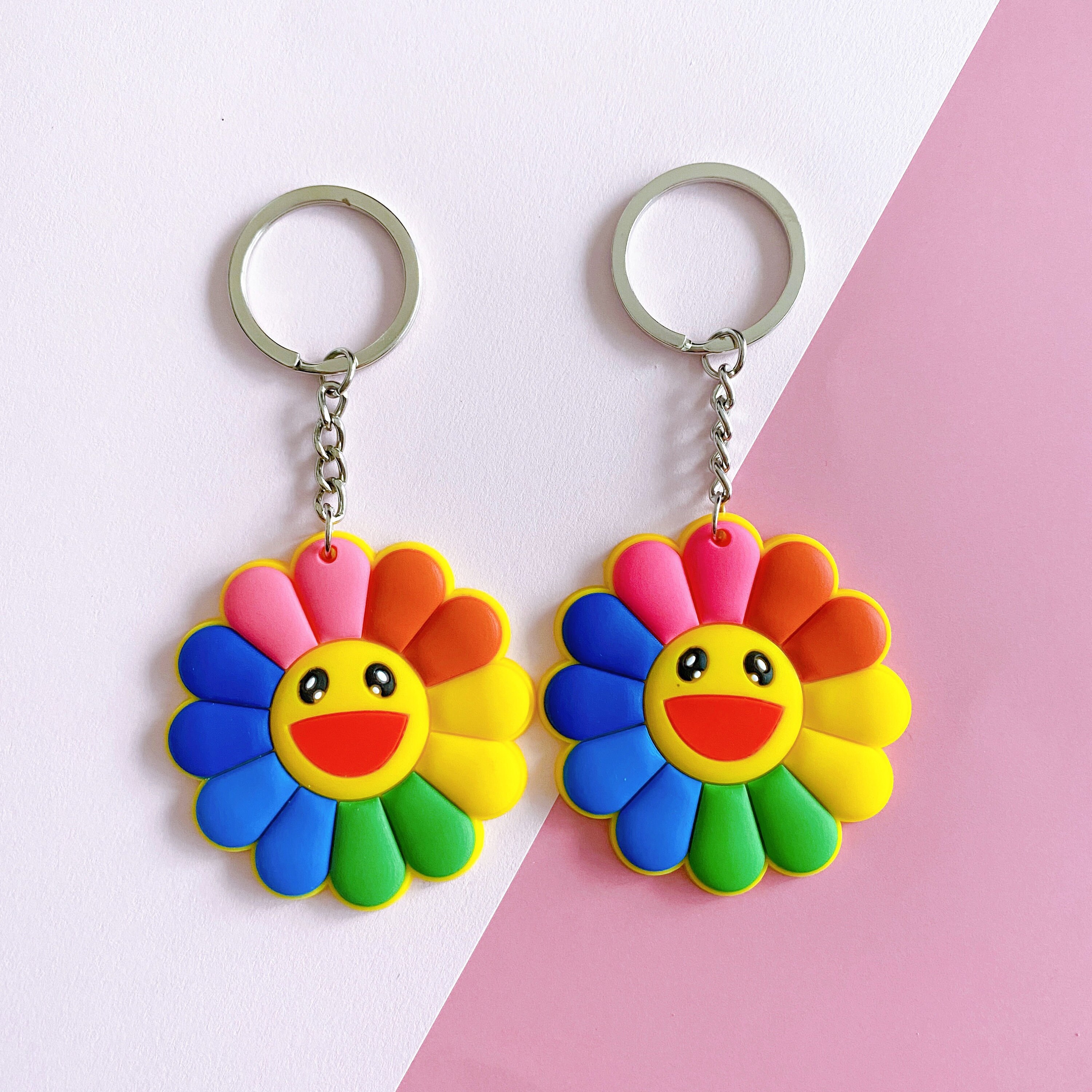Rainbow Flower Keychain Happy Flower Keyring Smile Key Ring | Etsy