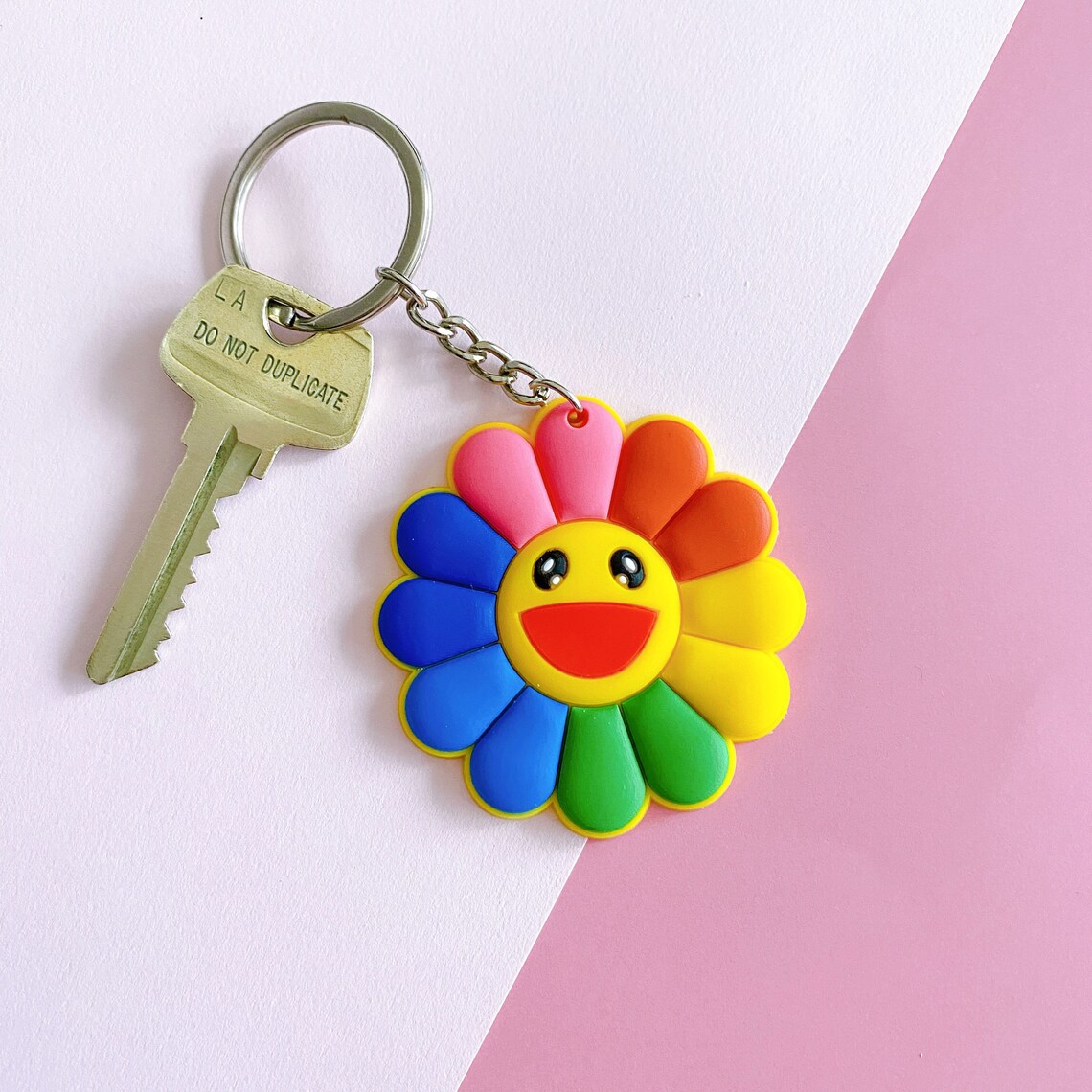 Rainbow Flower Keychain Happy Flower Keyring Smile Key Ring | Etsy