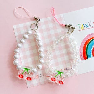 Pink Cherry Phone Charm Strap, Cute Beaded Phone Strap Holder, Phone ...