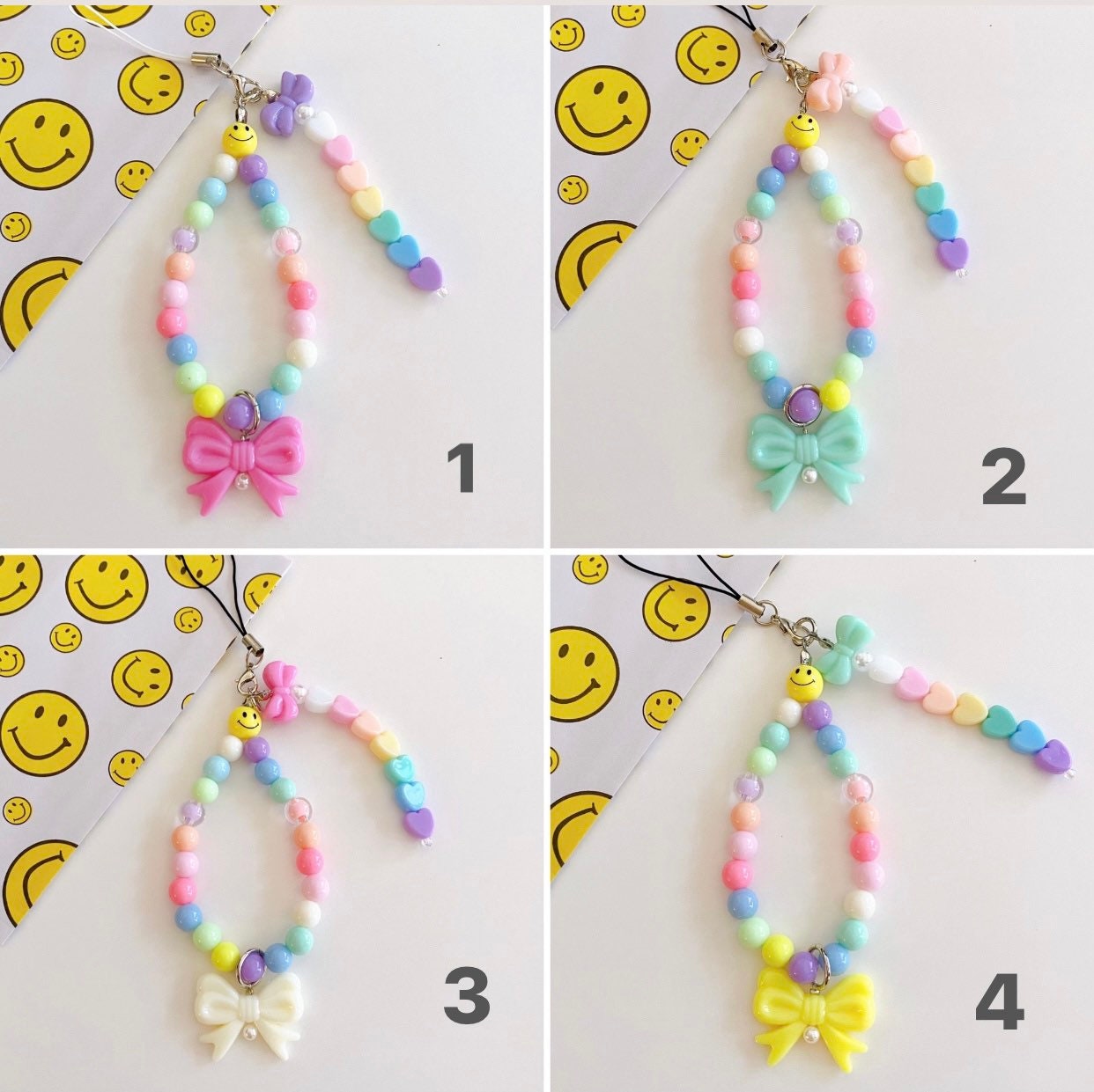Cute Pastel Beaded Phone Strap, Heart and Ribbon Phone Lanyard With ...