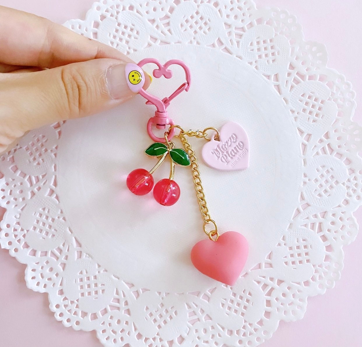 Pink Cherry Keyring With Heart Clasp Cute Heart Keychain | Etsy