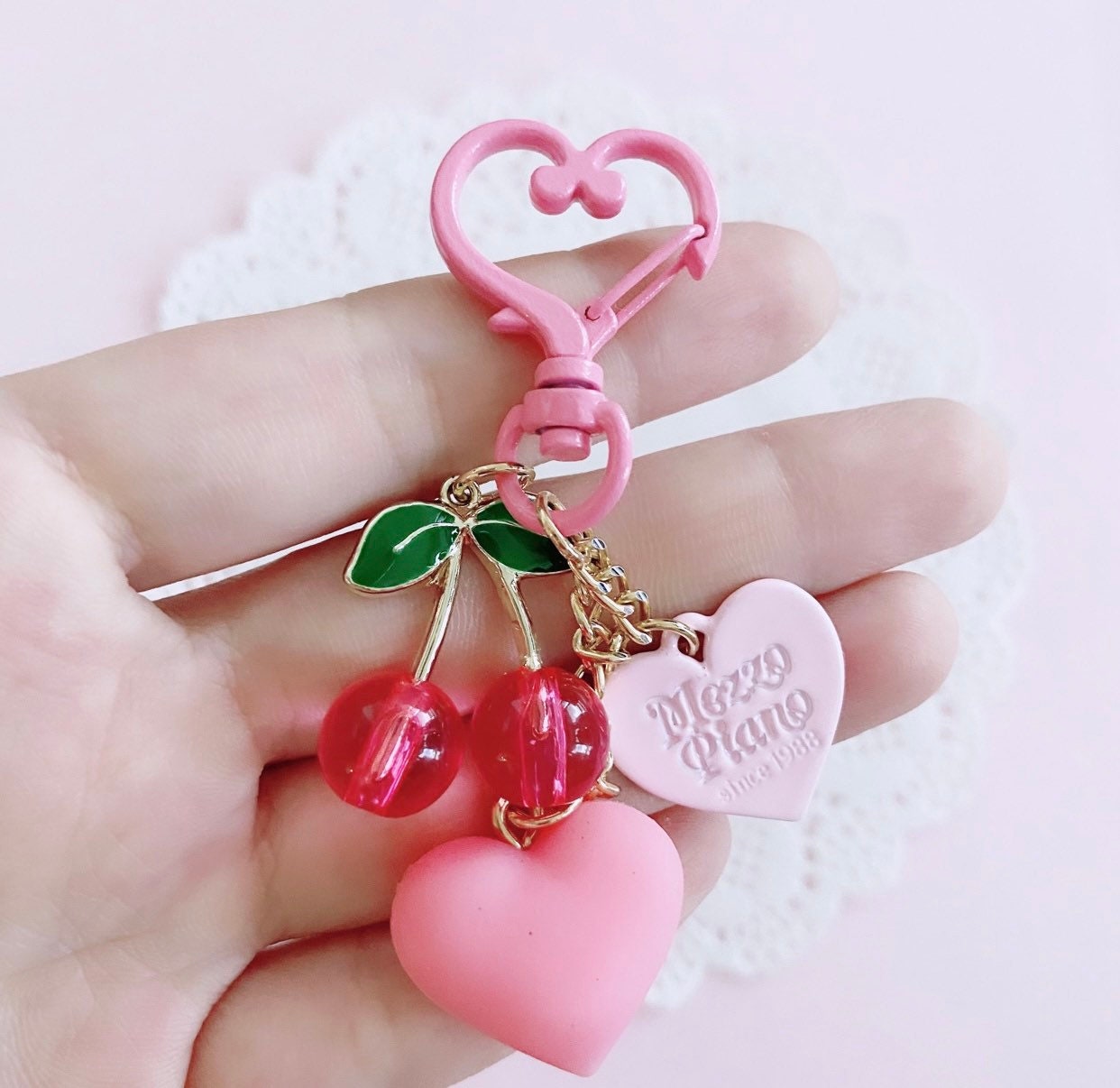 Pink Cherry Keyring With Heart Clasp Cute Heart Keychain | Etsy