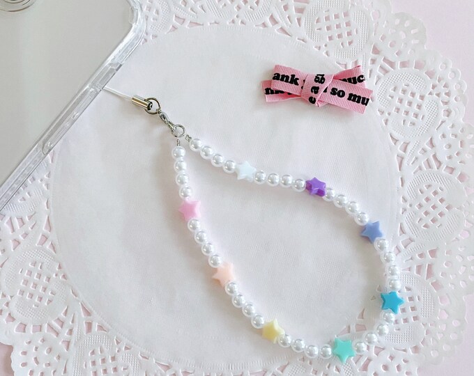 Pearl and Pastel Star Phone Charm Strap, Cute Beaded Phone Strap Chain ...