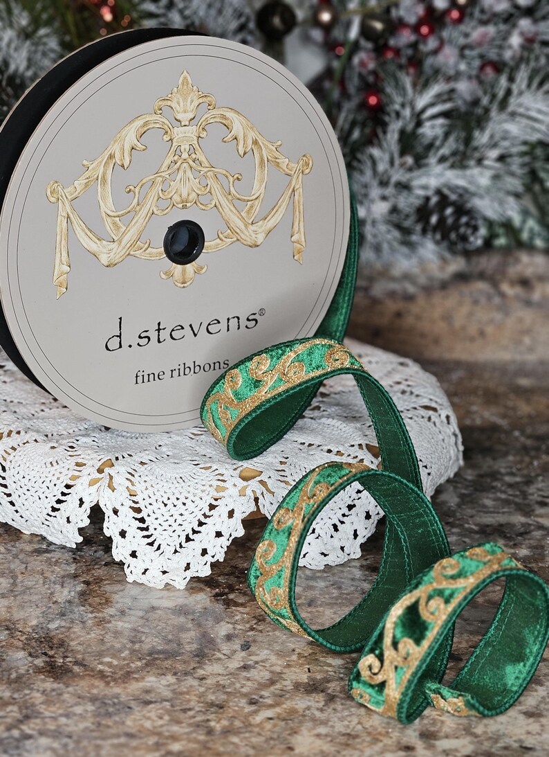 Christmas D Stevens Velvet Gold Glitter Scroll One Inch Wide Ribbon - Etsy