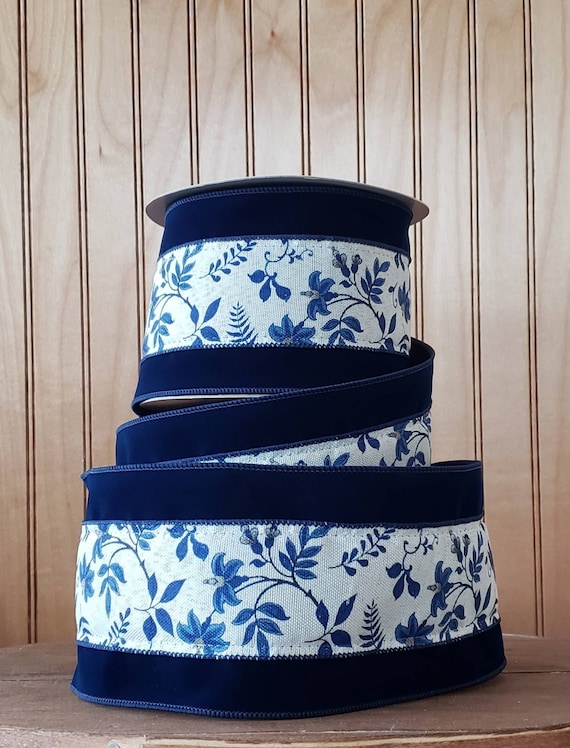 Regency Floral Vine Velvet Wired Blue Ribbon | Etsy