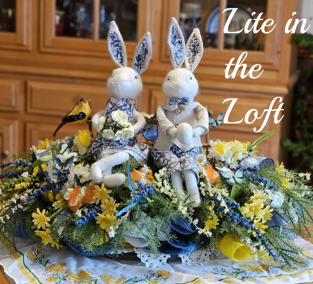 Easter Bunny Couple Centerpiece Sitting on a Bench for Dining Room ...