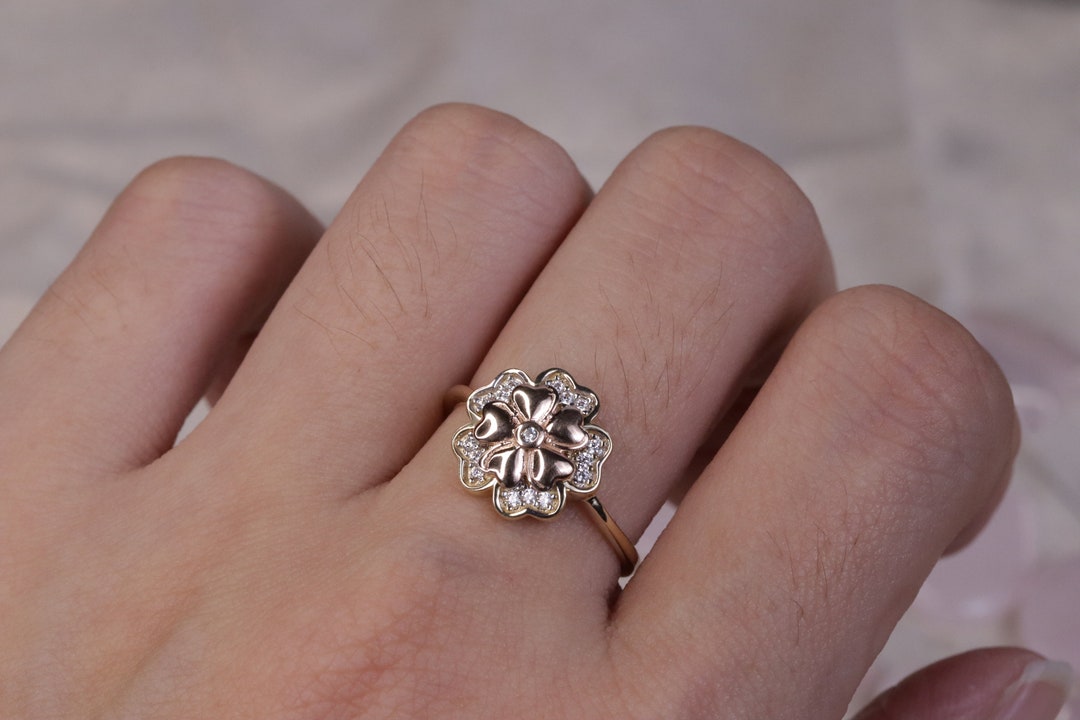 14k Solid Gold Unique Flower Women Ring / Rose Gold Flower Ring / CZ ...