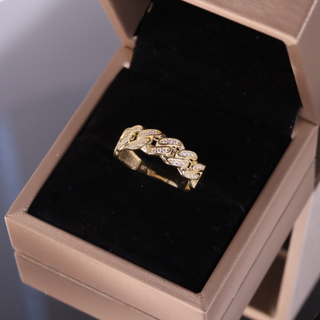 14k 7.5mm Miami Cuban Link Ring, Men's Gold Eternity Link Chain Ring ...