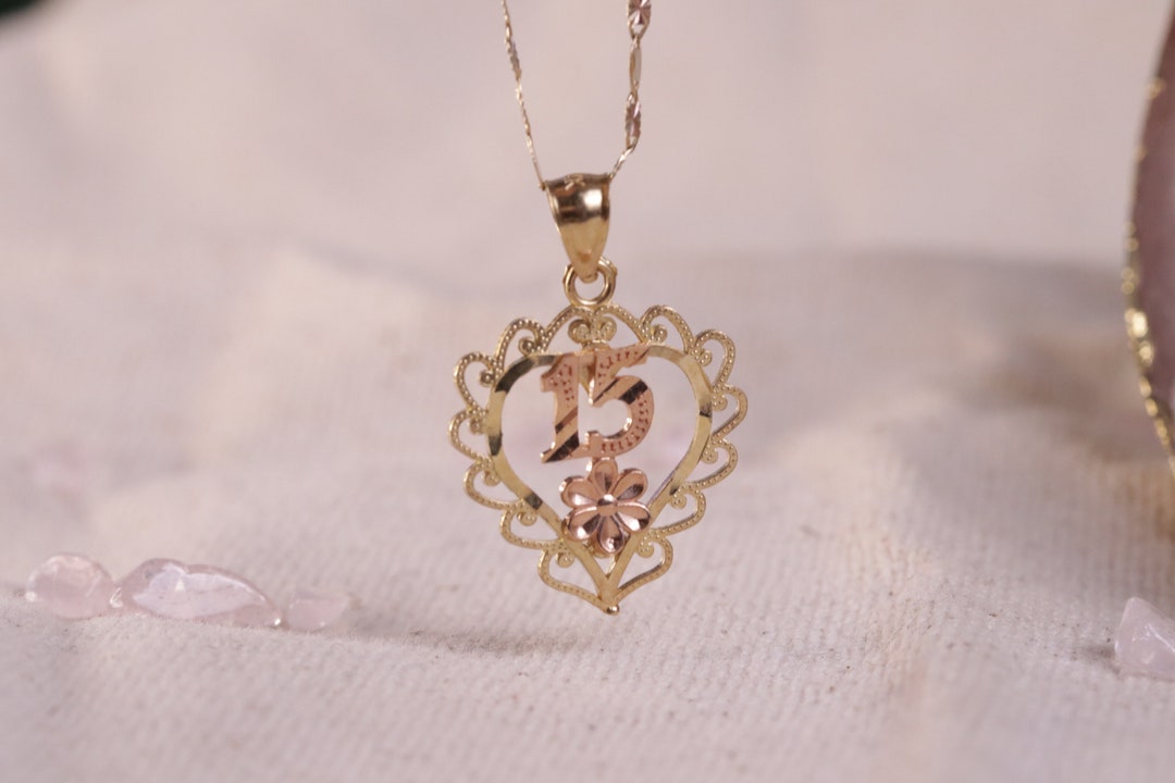 14k 15 Anos Quinceanera Pendant / Fifteen Birthday Heart Necklace ...