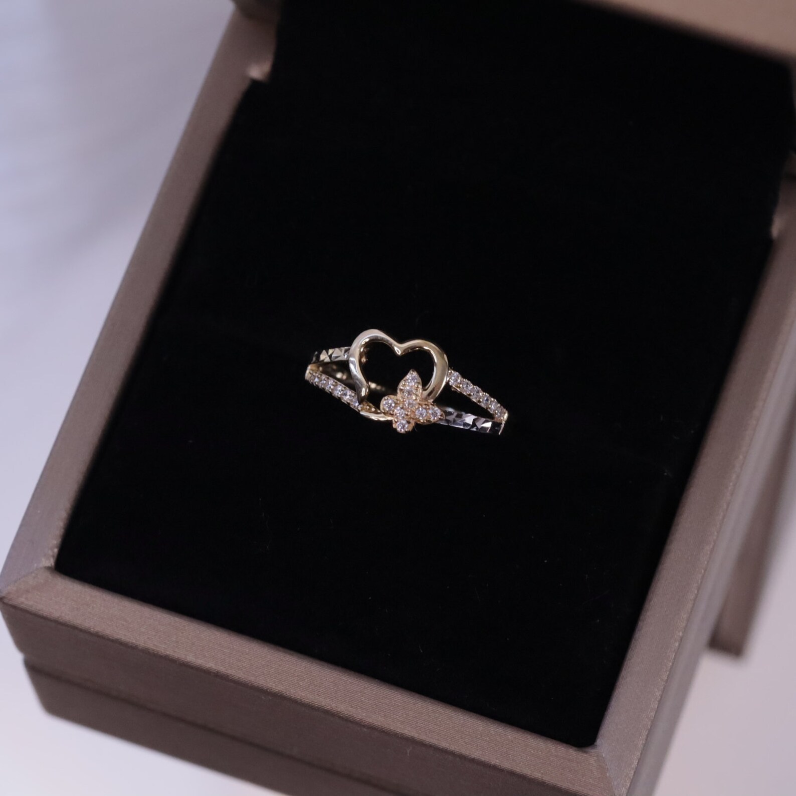 14k Laying Butterfly on Open Heart Ring / Dainty Heart Ring / Women ...