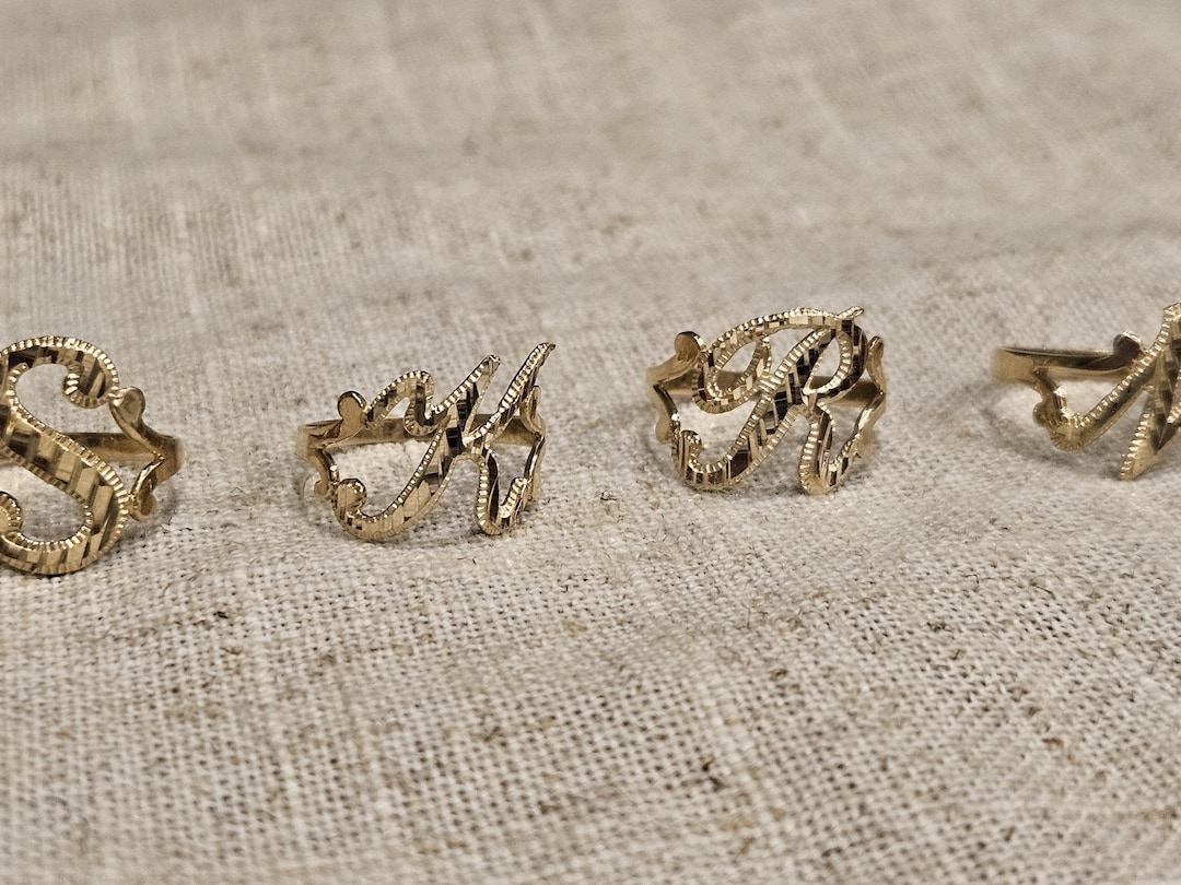 10K Gold Initial Ring / Cursive Initial Alphabet Ring / Initial Letter ...