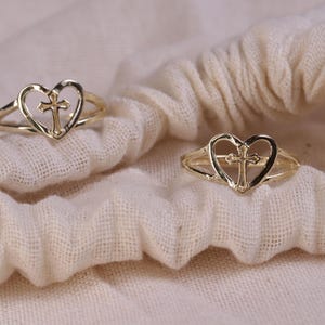 10K Gold Heart Religious Ring / Dainty Cross Ring / Thin Band / Free ...
