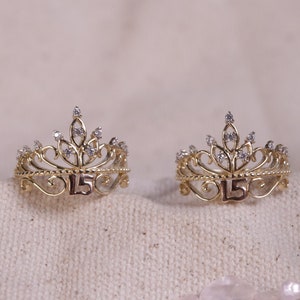 14k 15 Anos Quinceanera Ring / Yellow Gold Cubic Zirconia Crown 15 Ring ...