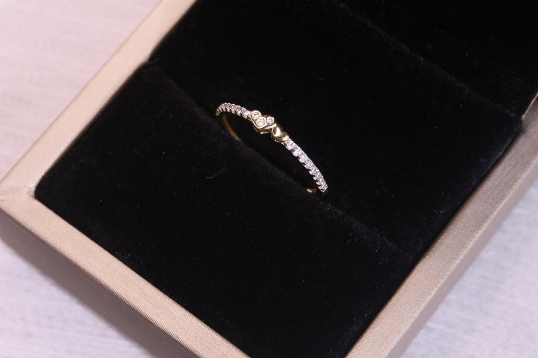 14k Gold Tiny Two Heart Ring / 14k Cubic Zirconia Double Heart Ring ...