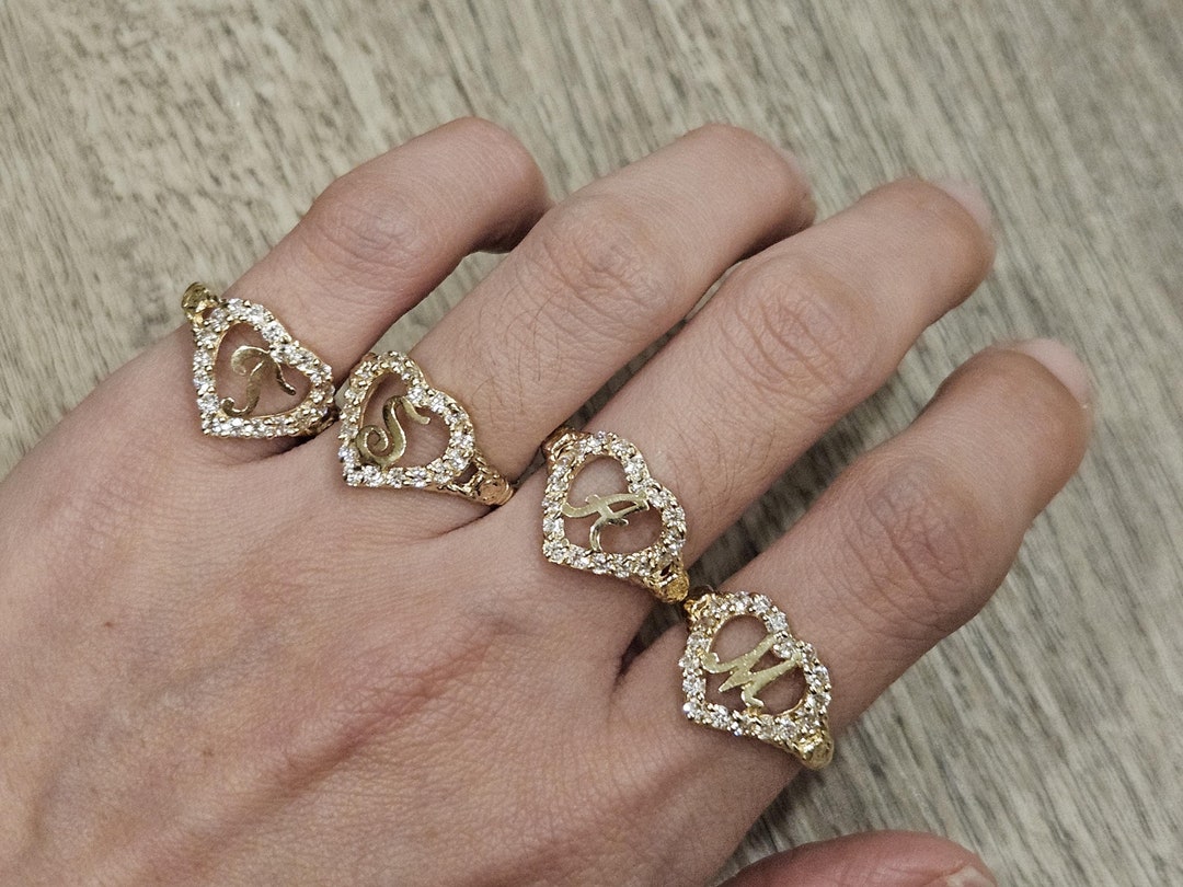 10K Gold CZ Heart Cursive Letter Ring / Alphabet Ring / Initial Ring ...