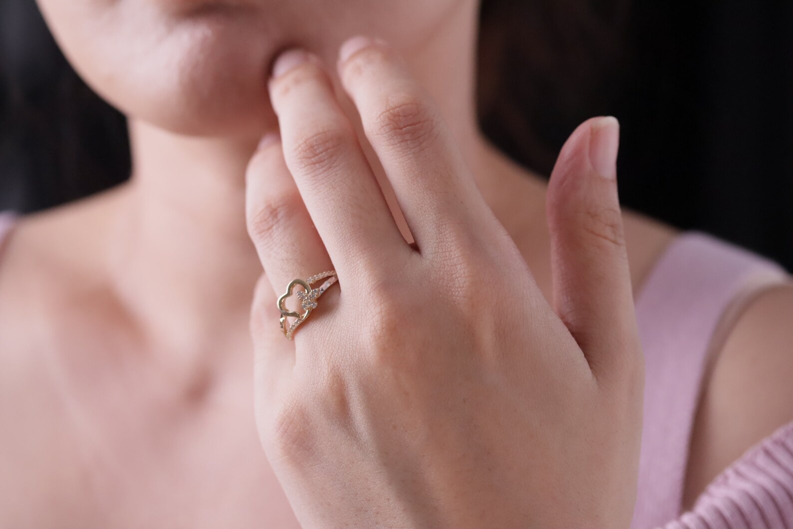 14k Laying Butterfly on Open Heart Ring / Dainty Heart Ring / Women ...