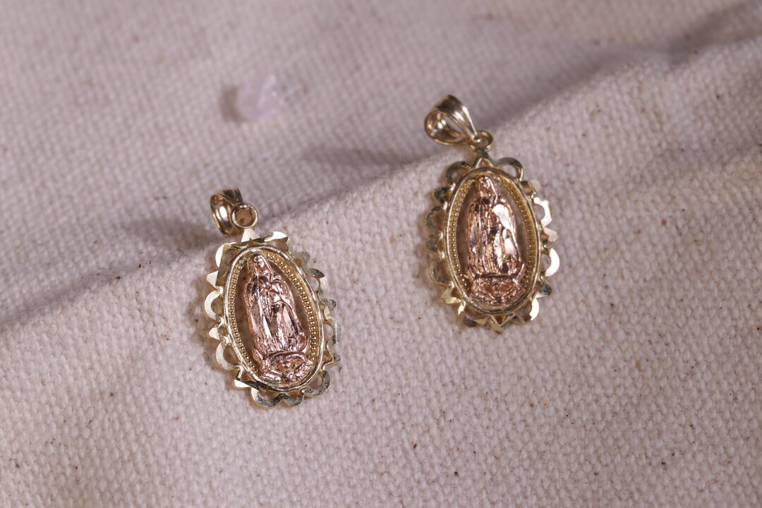 14k Gold Rose Gold Virgin Mary Pendant / Oval Shaped Guadalupe Necklace ...