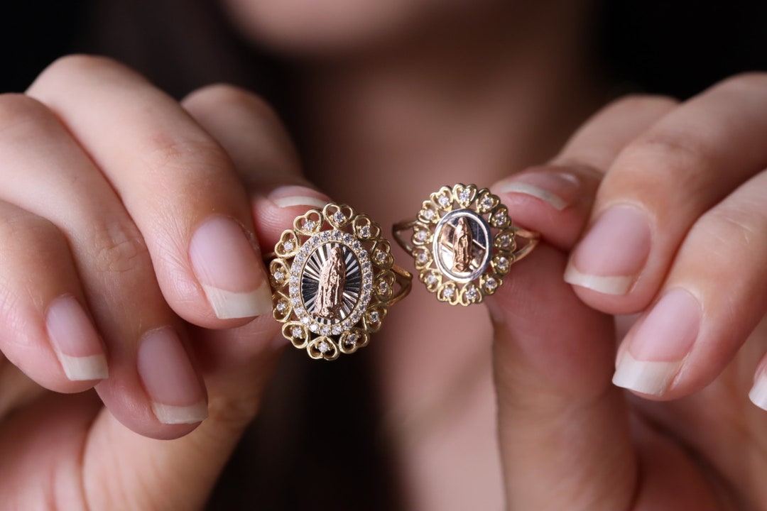 14k Oval Shaped Virgin Mary Ring / Tri Color Lady of Guadalupe Ring ...