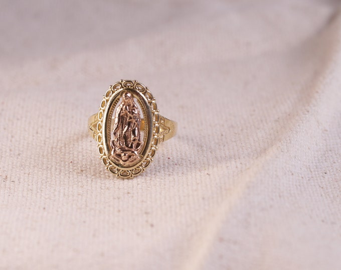 14k Gold Two Tone Virgin Mary Ring / Religious Ring / Thin Band / Lady ...