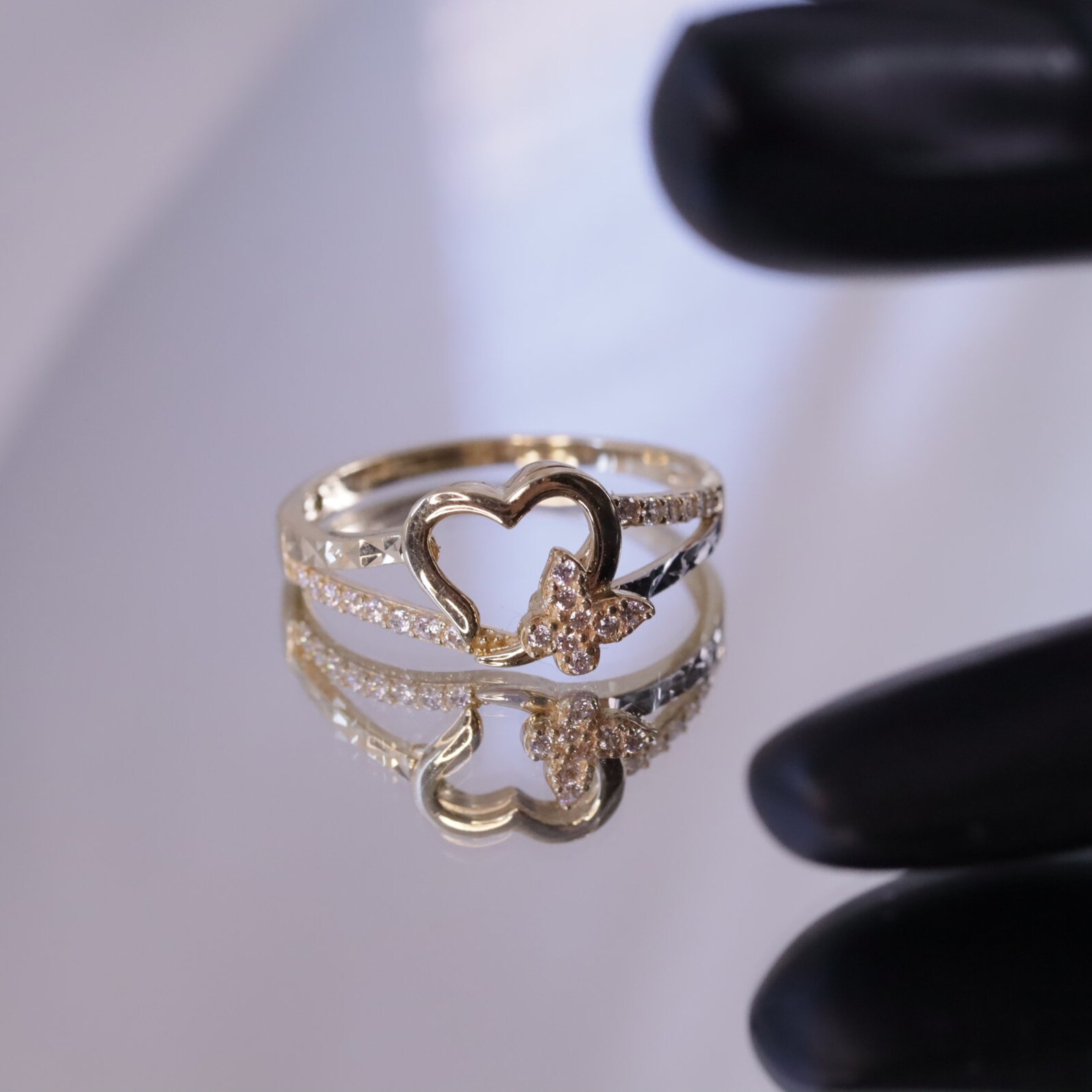 14k Laying Butterfly on Open Heart Ring / Dainty Heart Ring / Women ...