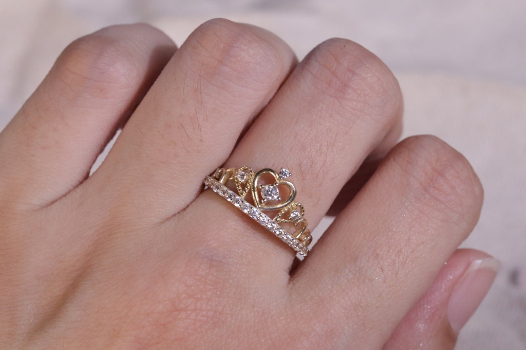 14k Gold Crown Ring / Yellow Gold CZ Prom Ring / Birthday Gift ...