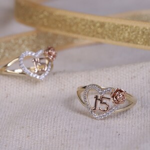 14k 15 Anos Quinceanera Ring / Yellow Gold Cubic Zirconia HEART 15 Ring ...