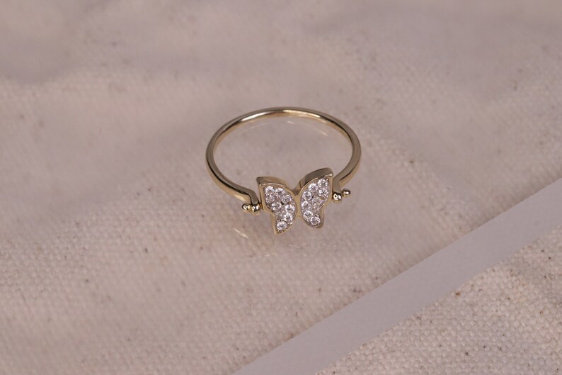 14k Gold Double Side Spinning Butterfly Ring / Enamel Ring Ring / CZ ...
