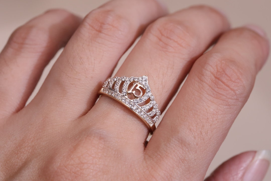 14k 15 Anos Quinceanera Ring / Yellow Gold Cubic Zirconia Crown 15 Ring ...