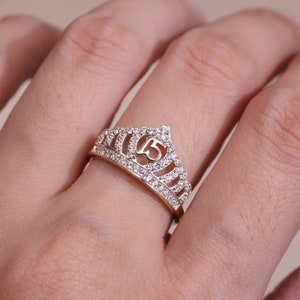 14k 15 Anos Quinceanera Ring / Yellow Gold Cubic Zirconia Crown 15 Ring ...