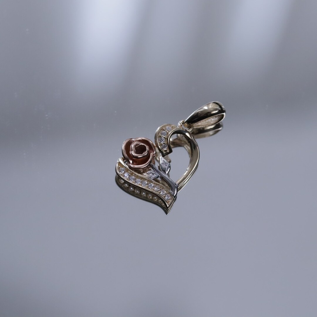 14K Tri Color Flower Pendant, Dainty Heart Pendant, Rose Pendant for ...