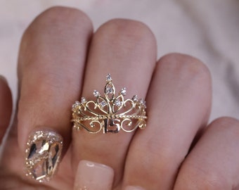 14k 15 Anos Quinceanera Ring / Yellow Gold Cubic Zirconia Crown 15 Ring ...