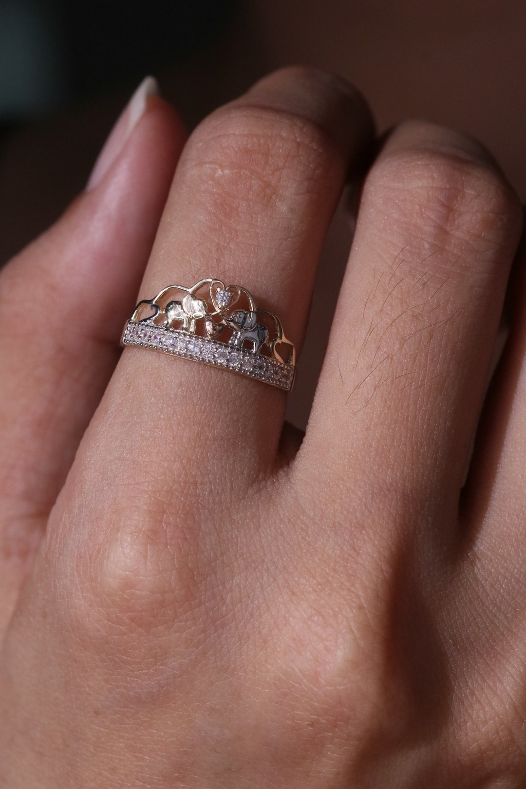 14k Tri Color Solid Gold Elephant Ring / 14k Cubic Zirconia Elephant ...