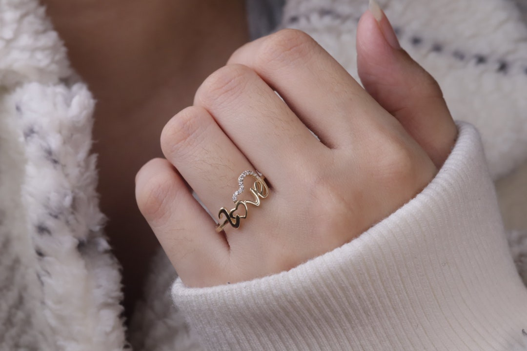 14k Real Gold Love Ring / Script Love Ring / Thin Band / Dainty Love ...