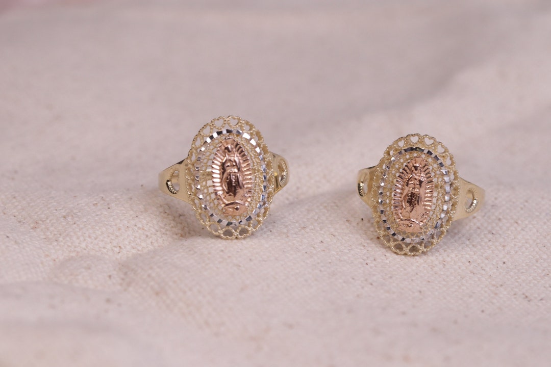14k Gold Mother Mary, Oval Shaped Religious Ring, Lady of Guadalupe ...