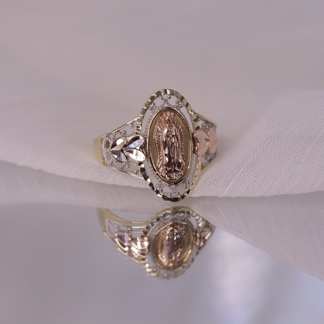10k Oval Shaped Virgin Mary Ring / Blessed Mother Ring / Diamond Cut ...