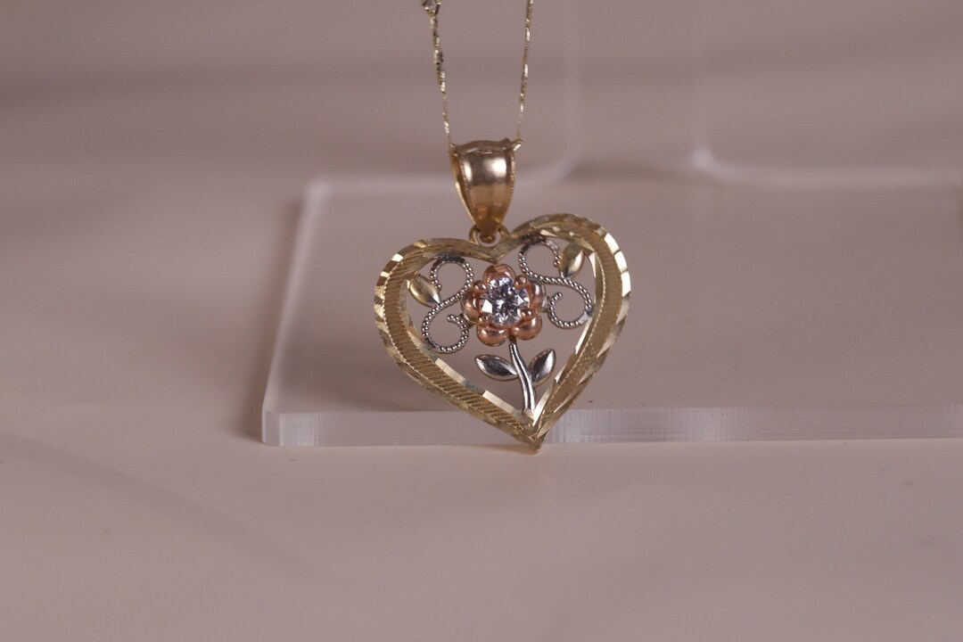 14k Tri Color Chain With Heart Pendant, Ladies Heart Necklace, Dainty ...
