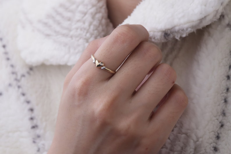 14k Heart With Wings Ring / Thin Band / Dainty Heart Ring / - Etsy