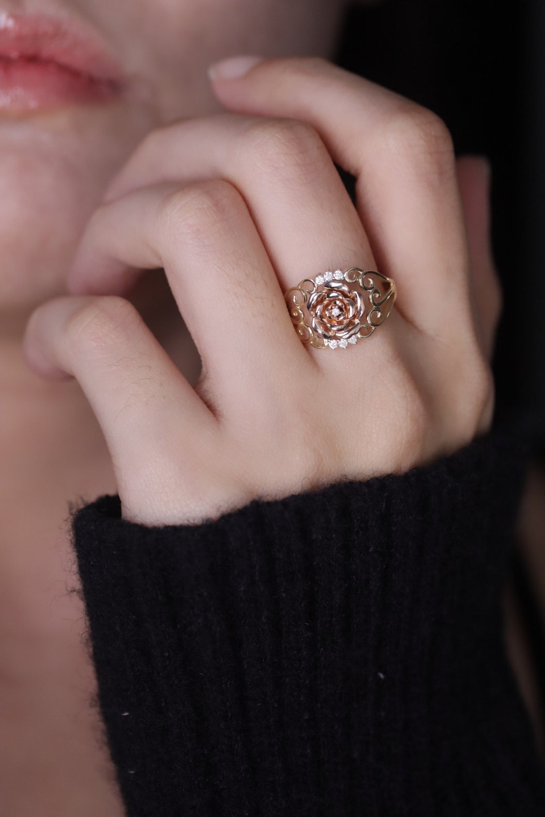14k Solid Gold Rose Ring / Vintage Flower Ring / Tri Color Rose Ring ...