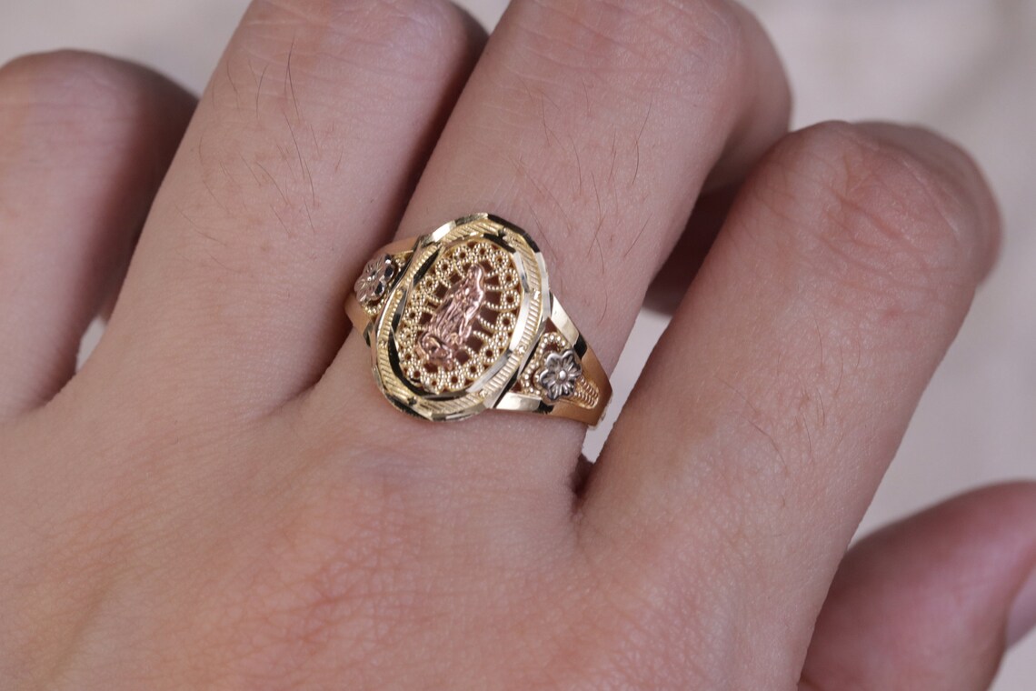 10k Gold Virgin Mary Ring / Dainty Guadalupe Rings / A Little Flower ...