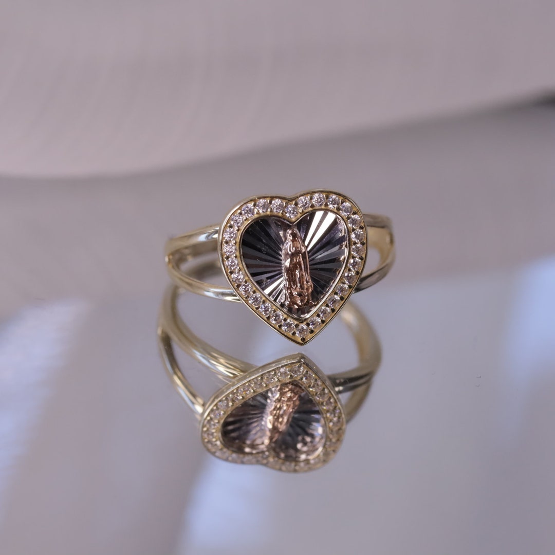 14k Gold Heart Lady of Guadalupe Rings / Blessed Mother Ring ...