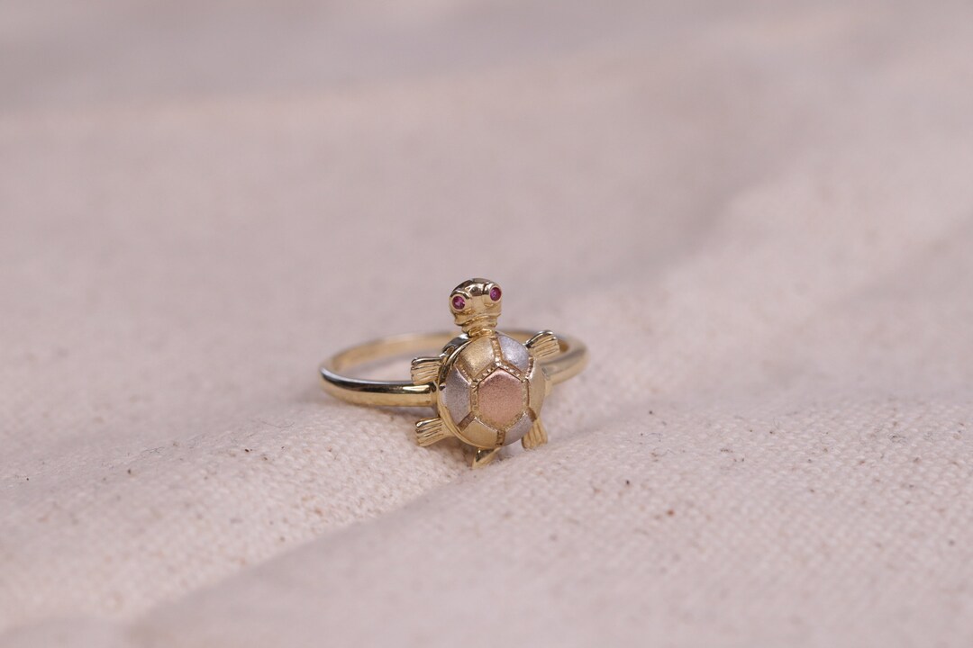 14k Gold Unique Tri Color Turtle Ring / Moving Head and Legs / Dainty ...