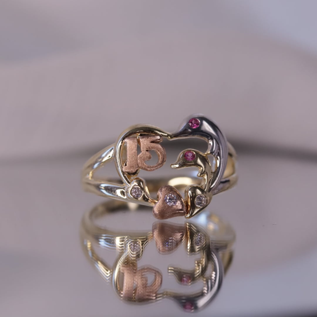 14k 15 Anos Quinceanera Ring / Solid Gold Dolphin 15 Ring / Birthday ...