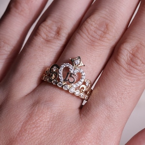 14k 15 Anos Quinceanera Ring / Yellow Gold Cubic Zirconia Crown 15 Ring ...