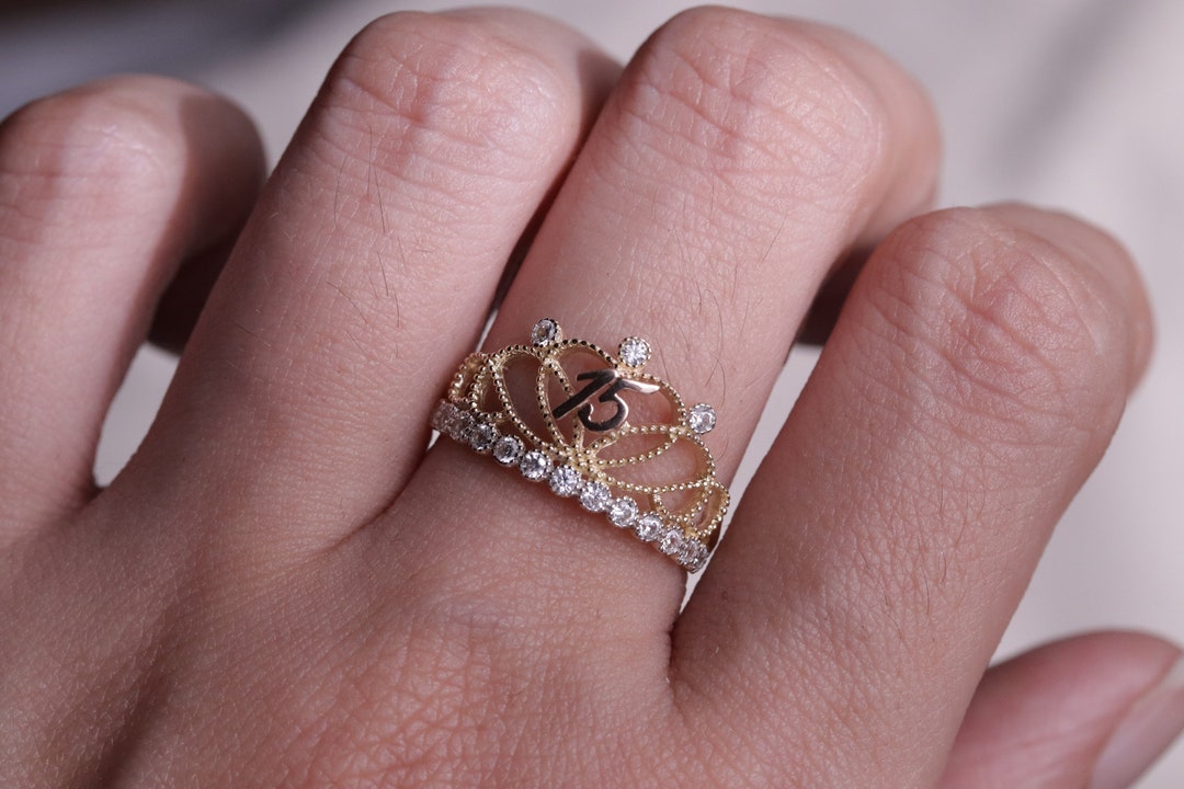 14k 15 Anos Quinceanera Ring / 14k Gold Cubic Zirconia Crown Ring ...