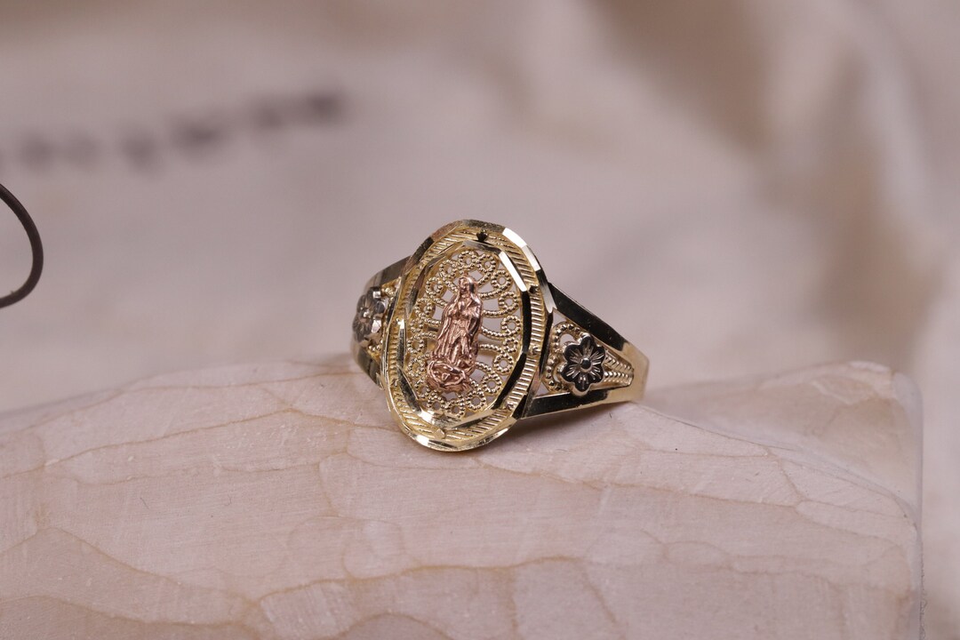 10k Gold Virgin Mary Ring / Dainty Guadalupe Rings / A Little Flower ...